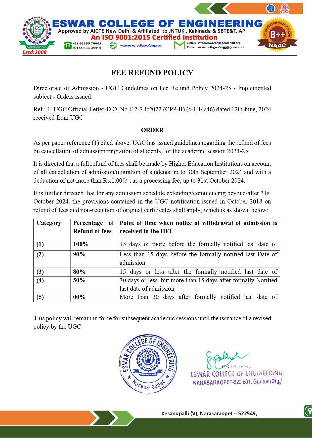 Admissions & Fee – Eswar College of Engg